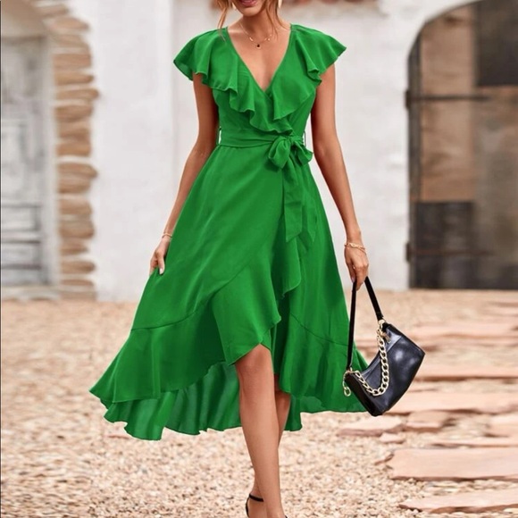 Accessories | Green Ruffle Hem Belted Midi Dress | Poshmark